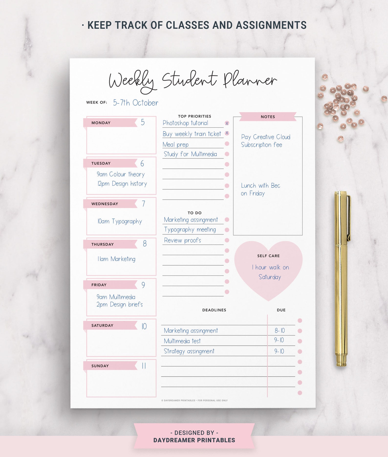 Student Planner Printable Insert, Weekly Student Study Planner ...