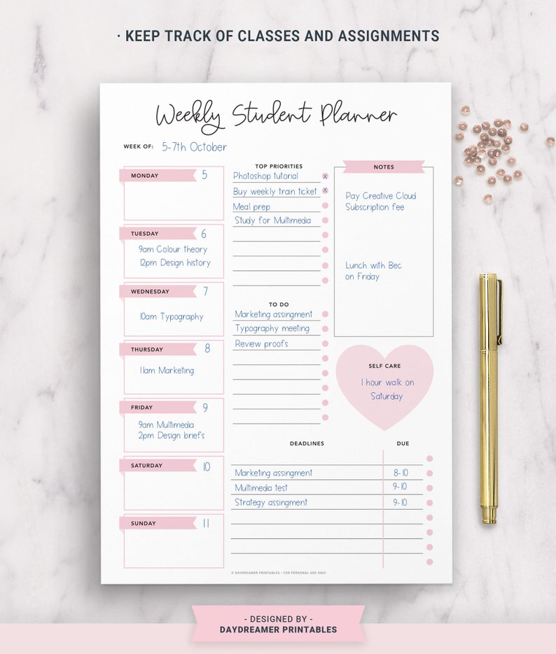 Student Planner Printable Insert, Weekly Student Study Planner ...