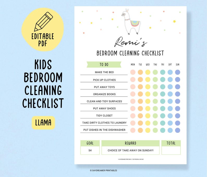 Kids Cleaning Checklist, Printable Kids Cleaning Chart, Bedroom Chores ...