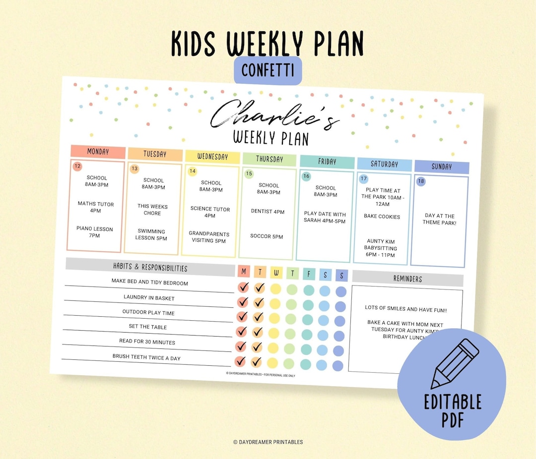 Editable Weekly Planner for Kids With Daily Calendar and ...