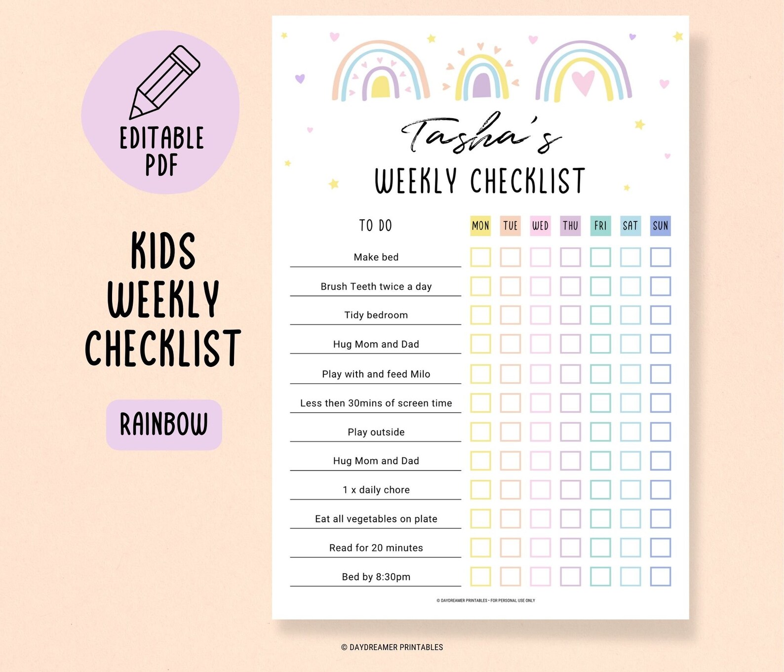 Editable Kids Weekly Routine Checklist, Behavior Chart for Kids, School ...