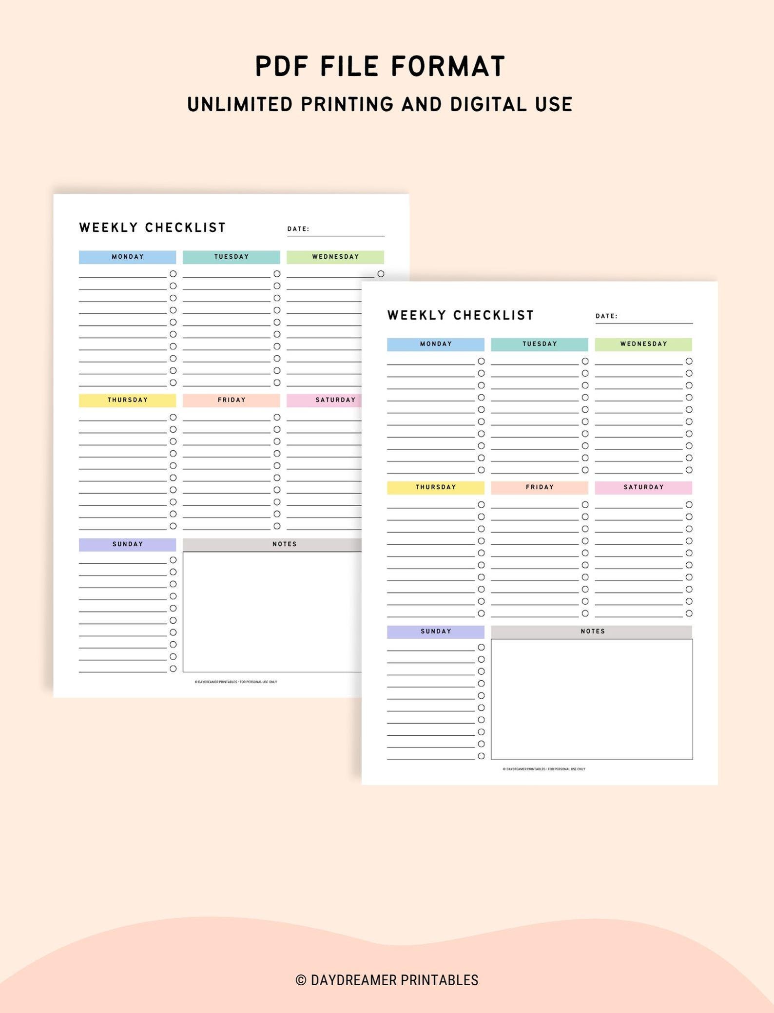 Weekly Checklist Printable, Weekly to Do List Planner, Weekly Calendar ...