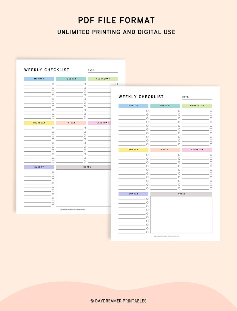 Weekly Checklist Printable, Weekly to Do List Planner, Weekly Calendar ...