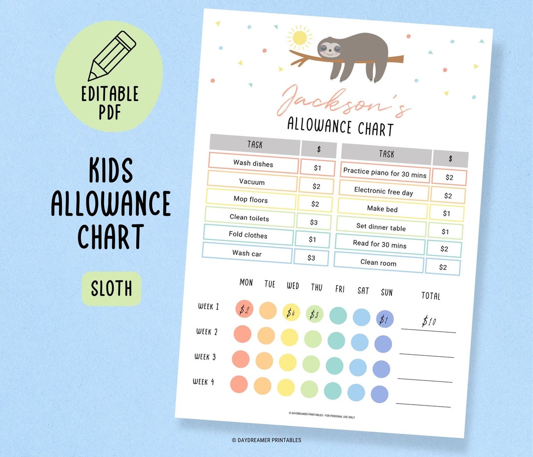 Kids Allowance Chart Printable, Editable Kids Chores, Allowance Tracker ...