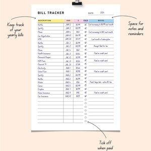 Bill Tracker Printable Template for Yearly or Monthly Household ...
