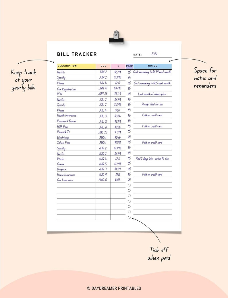Bill Tracker Printable Template for Yearly or Monthly Household ...