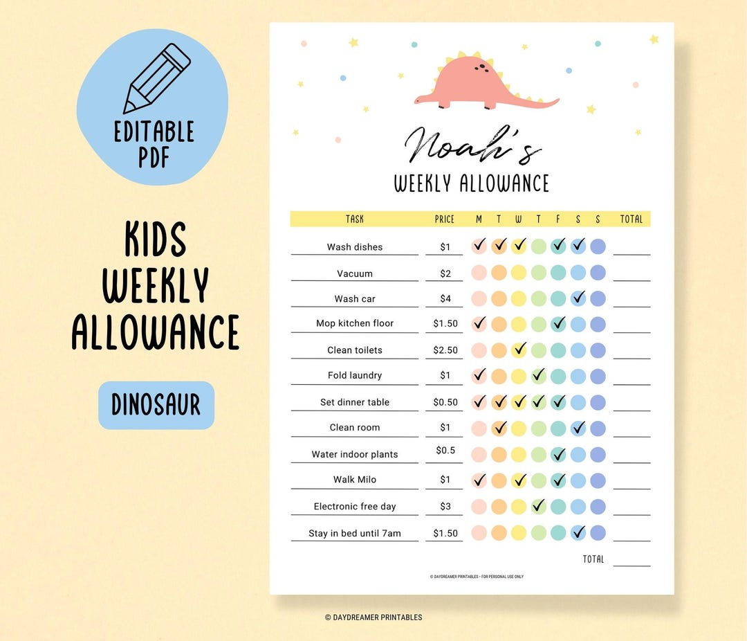 Kids Weekly Allowance Chore Chart | Editable Kids Chores and Allowance ...