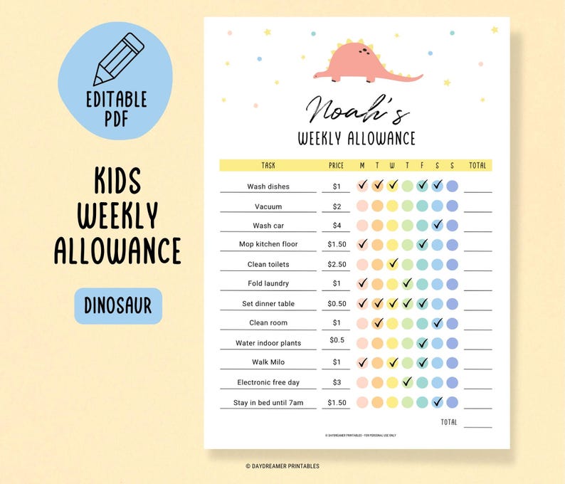 Kids Weekly Allowance Chore Chart | Editable Kids Chores and Allowance ...