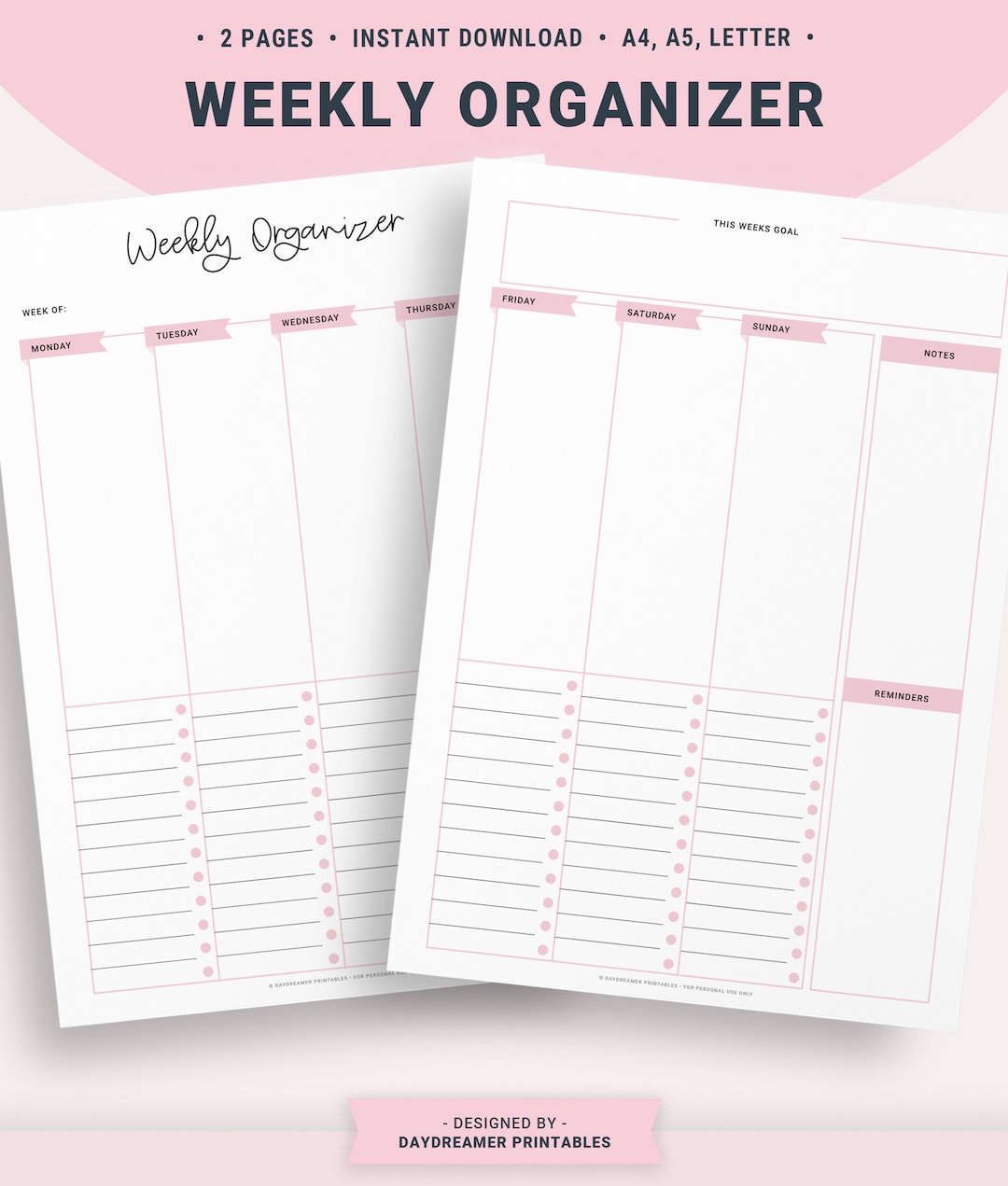 Printable Weekly Calendar Undated, Daily Planner, Weekly Organizer ...