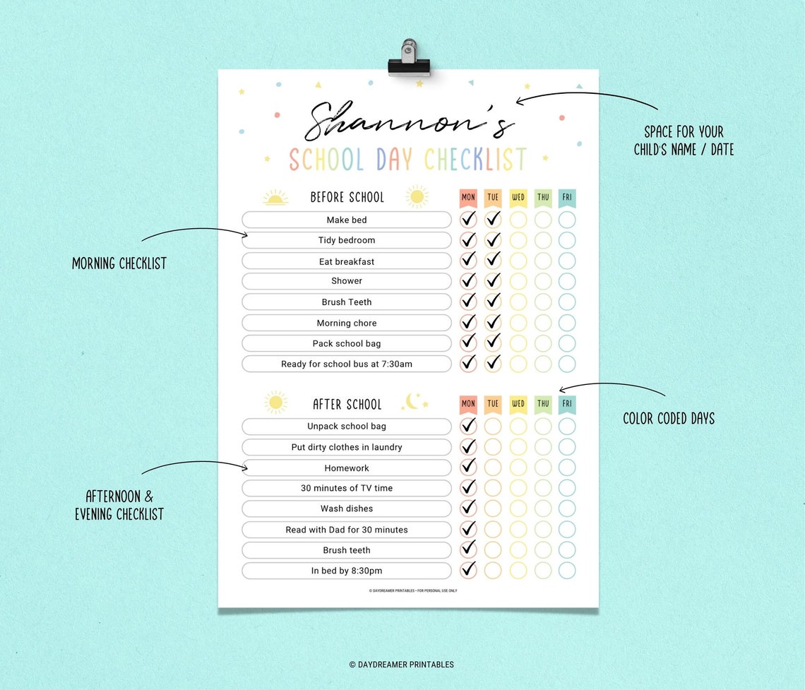 Kids Ready for School Daily Checklist Printable School Day - Etsy Australia
