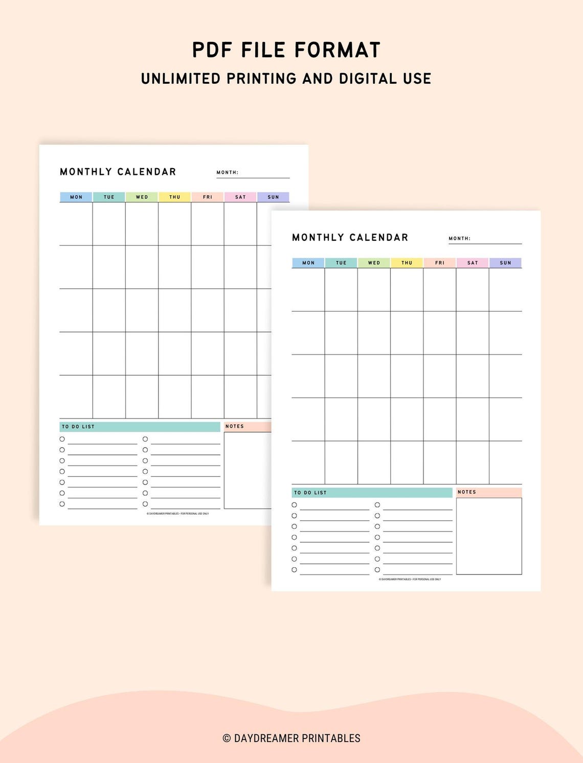 Monthly Planner Printable Vertical Calendar With Notes and to Do List ...