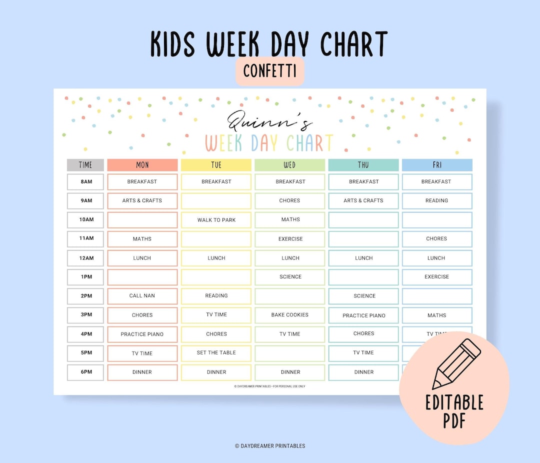 Editable Kids Week Day Planner, Kids Weekly Schedule Chart, Kids Weekly ...