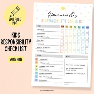 Editable Responsibility Chore Chart for Kids, Rainbow Responsibility Chart Weekly Printable ...