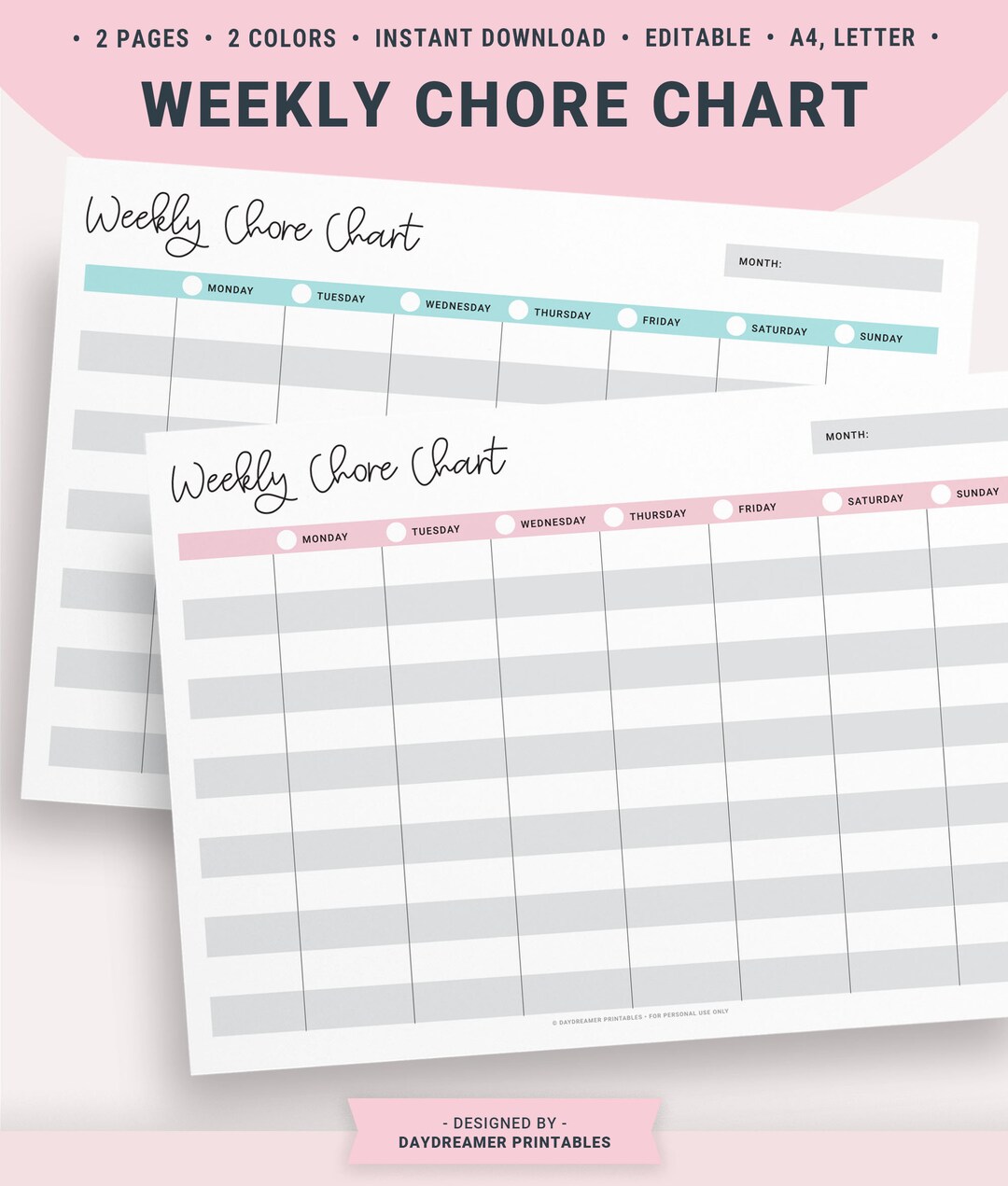 Printable Family Chore Chart, Cleaning Schedule, Weekly Responsibility ...