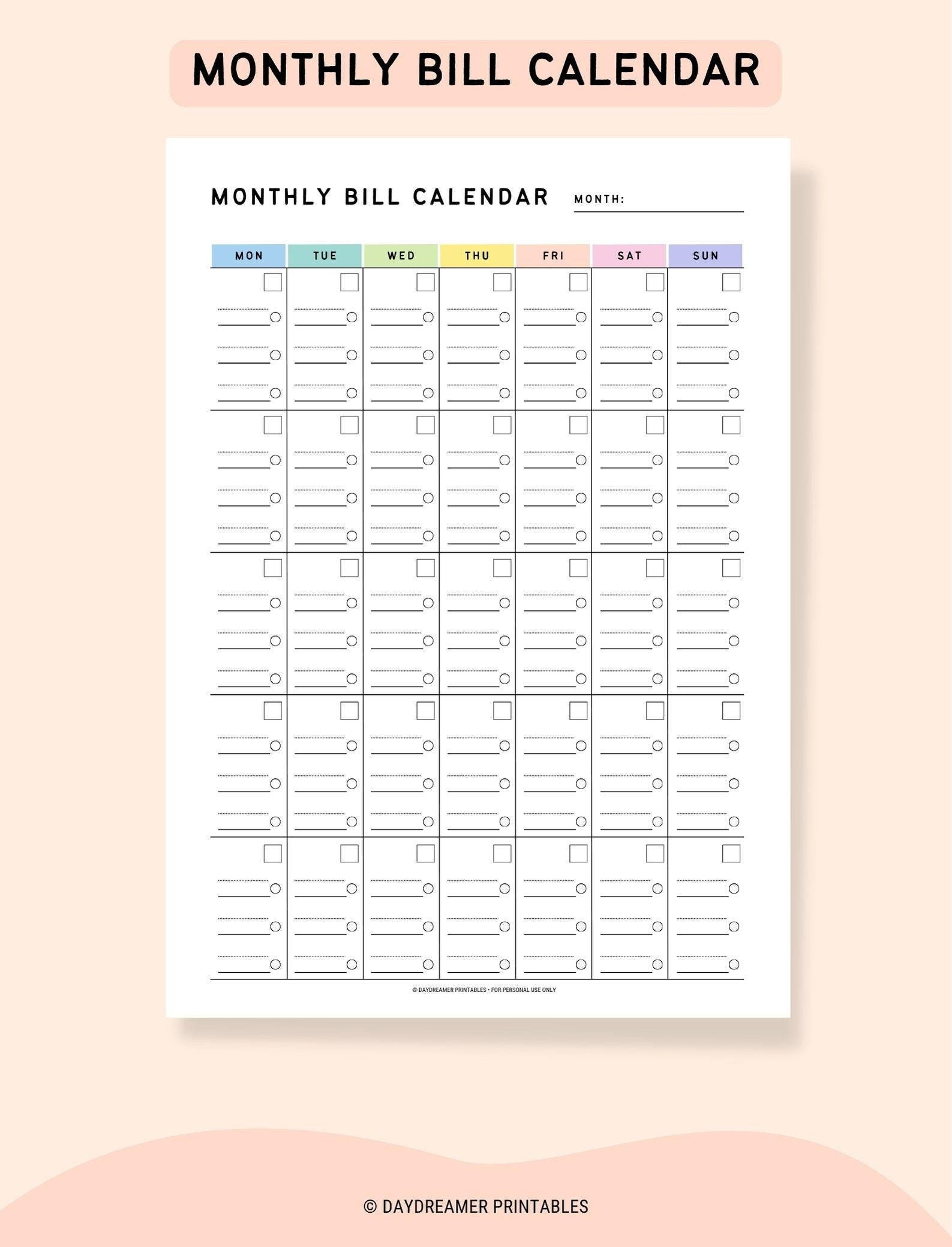 Monthly Bill Tracker PDF Printable Bill Calendar, Color-coded Monthly ...