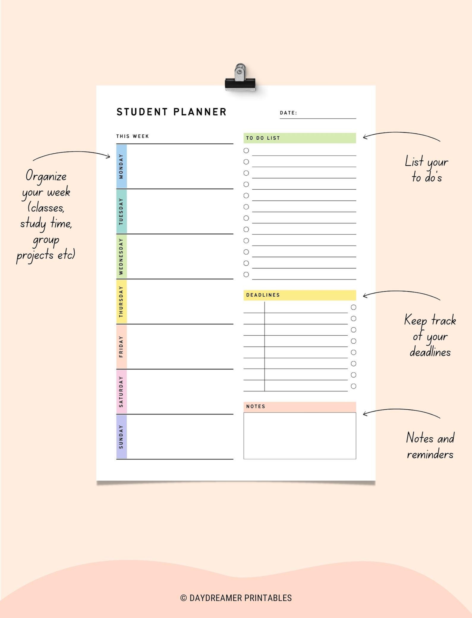 Student Planner Printable, Assignment Tracker to Do List, Weekly ...