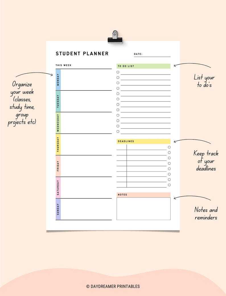 Student Planner Printable, Assignment Tracker to Do List, Weekly ...