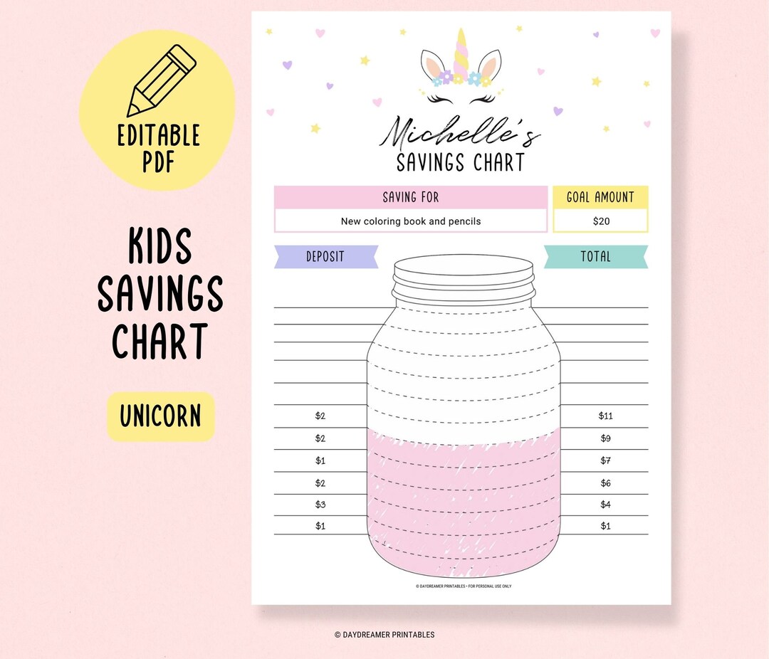 Unicorn Money Saving Chart Printable for Kids 4-12, Magical Budgeting ...