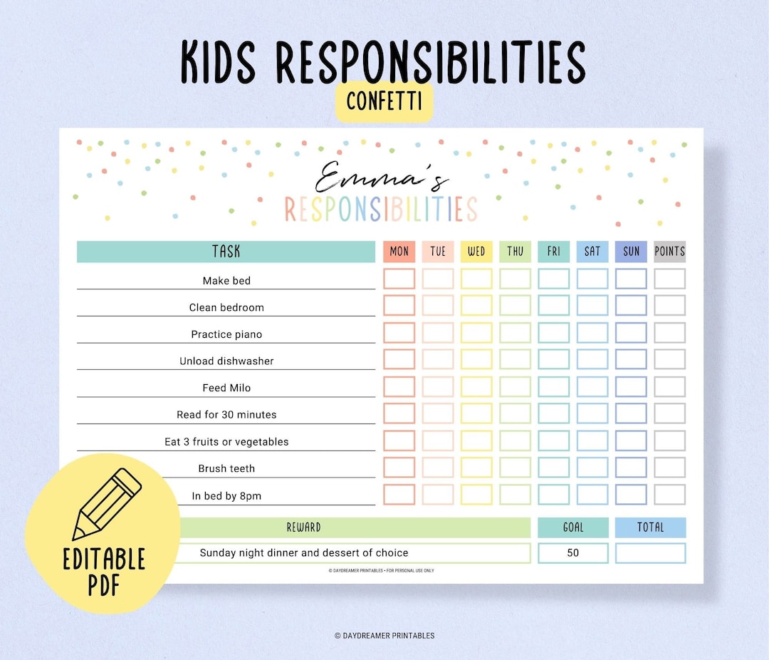 Kids Responsibility Chart Printable Responsibility Chart for - Etsy