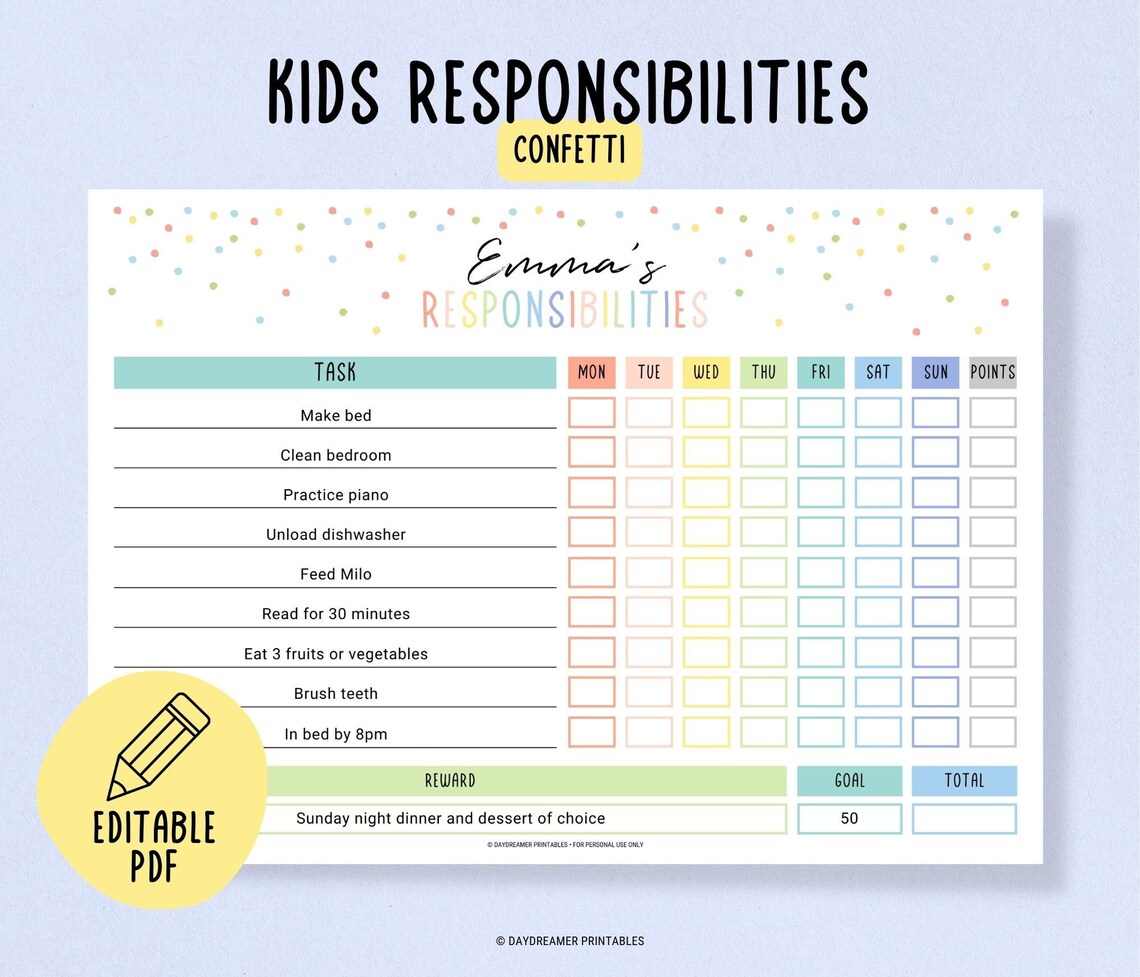 Kids Responsibility Chart Printable Responsibility Chart for - Etsy