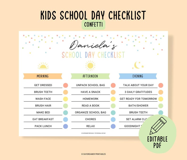 Kids School Day Checklist, Kids Ready for School Printable, Daily ...