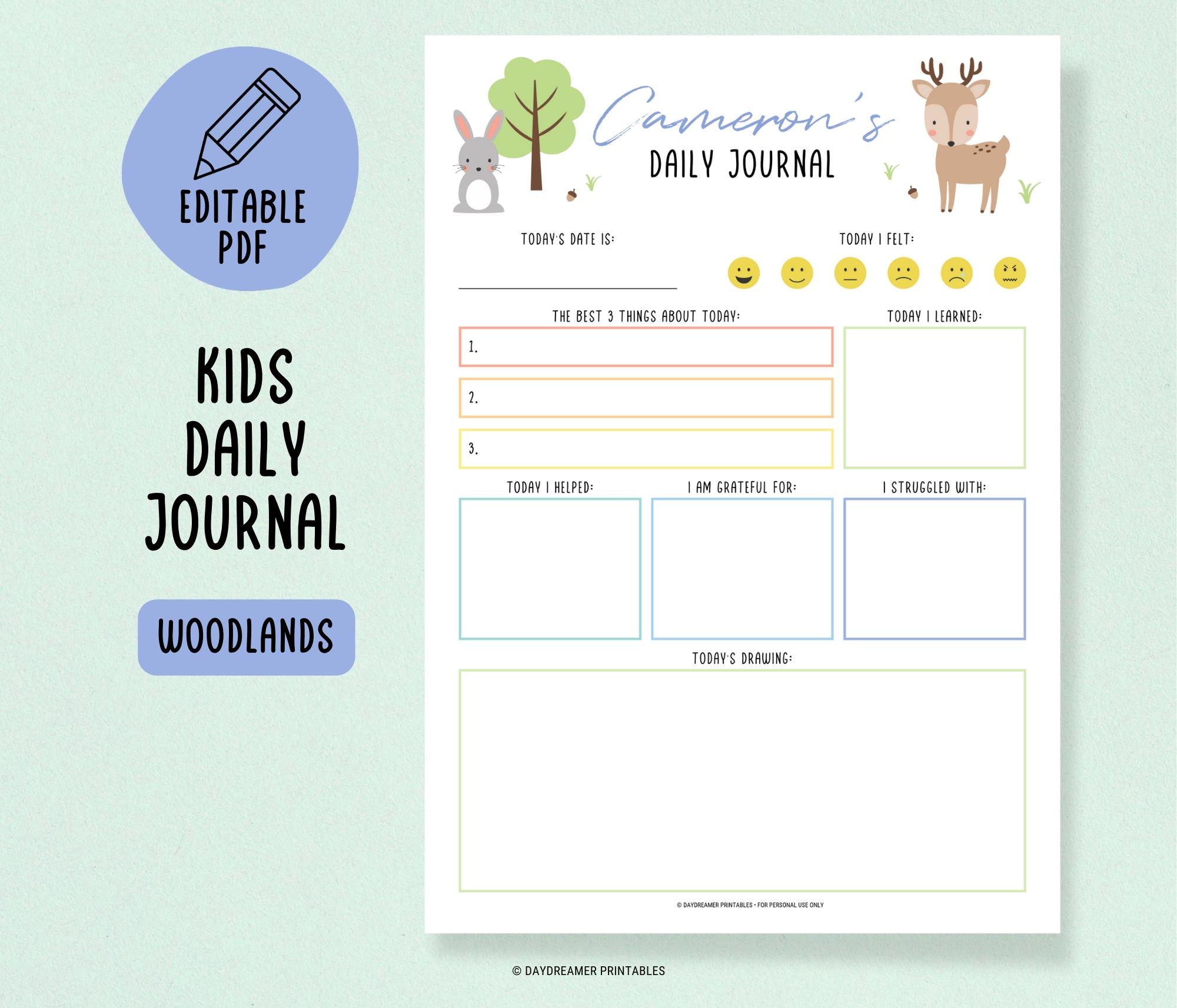 Gratitude Journal Printable Template for Kids, Personalized Daily ...