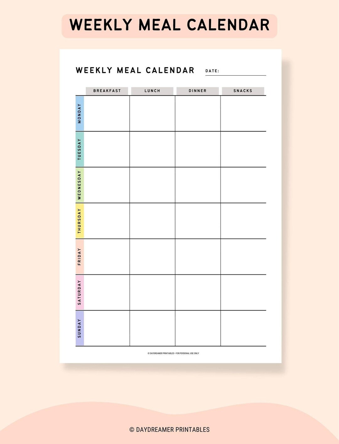 Weekly Meal Planner PDF, Printable Grid Meal Calendar for Breakfast ...