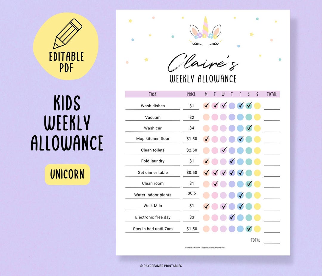 Kids Weekly Allowance Chore Tracker Printable, Kids Chores for ...