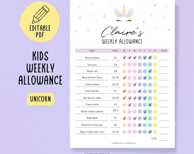 Kids Allowance Chart Printable | Editable Kids Chores Chart | Weekly ...