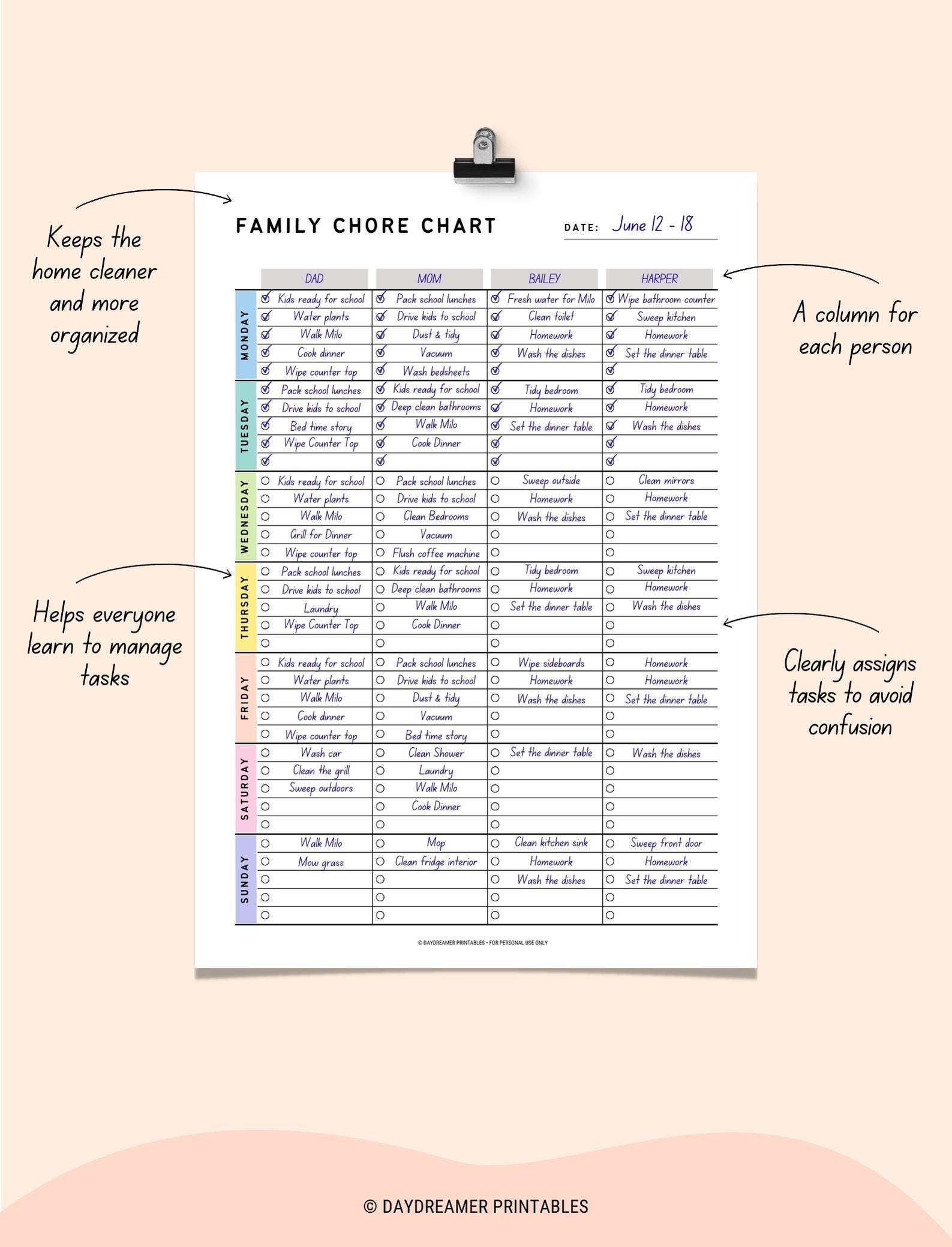 Weekly Family Chore Chart Printable, Daily Household Chores List for 3 ...