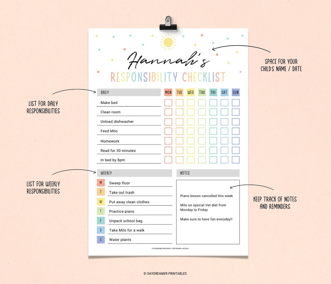 Editable Responsibility Chore Chart for Kids, Rainbow Responsibility ...
