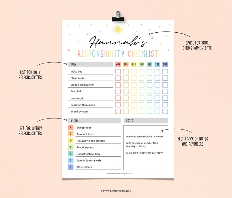 Editable Responsibility Chore Chart for Kids, Rainbow Responsibility ...