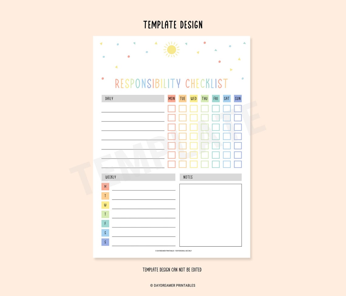 Editable Responsibility Chore Chart for Kids, Rainbow Responsibility ...