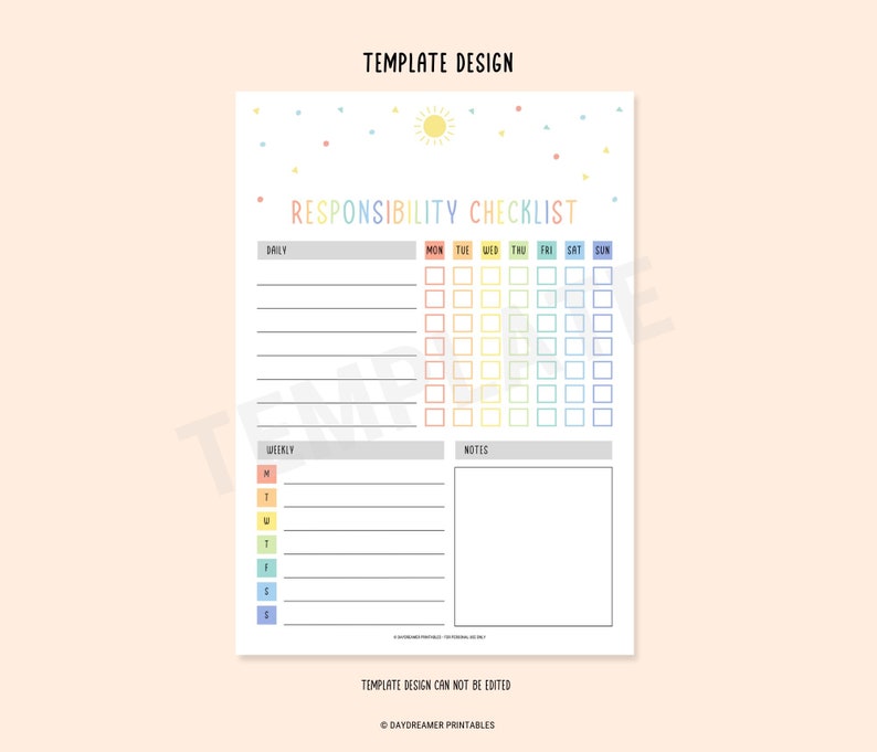 Editable Responsibility Chore Chart for Kids, Rainbow Responsibility ...