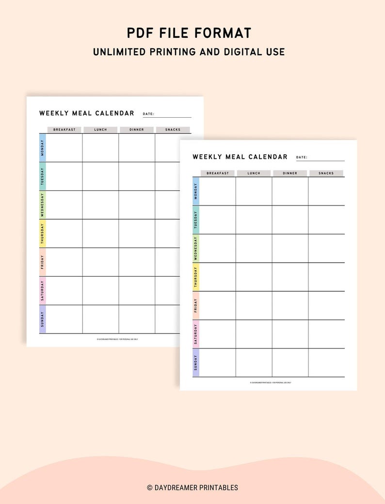 Weekly Meal Planner PDF, Printable Grid Meal Calendar for Breakfast ...