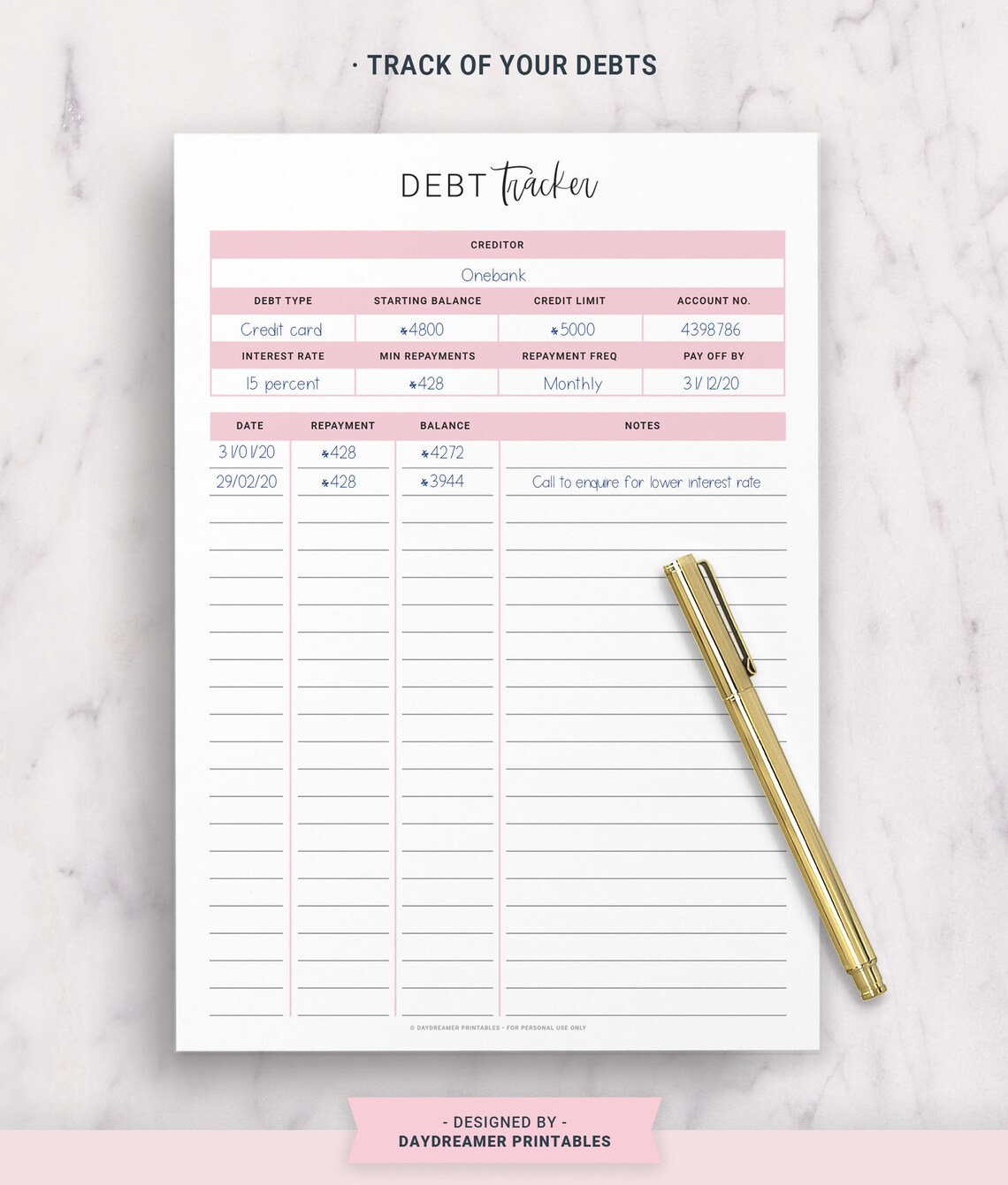 Debt Tracker, Debt Snowball Spreadsheet, Debt Repayment Printable, Debt ...