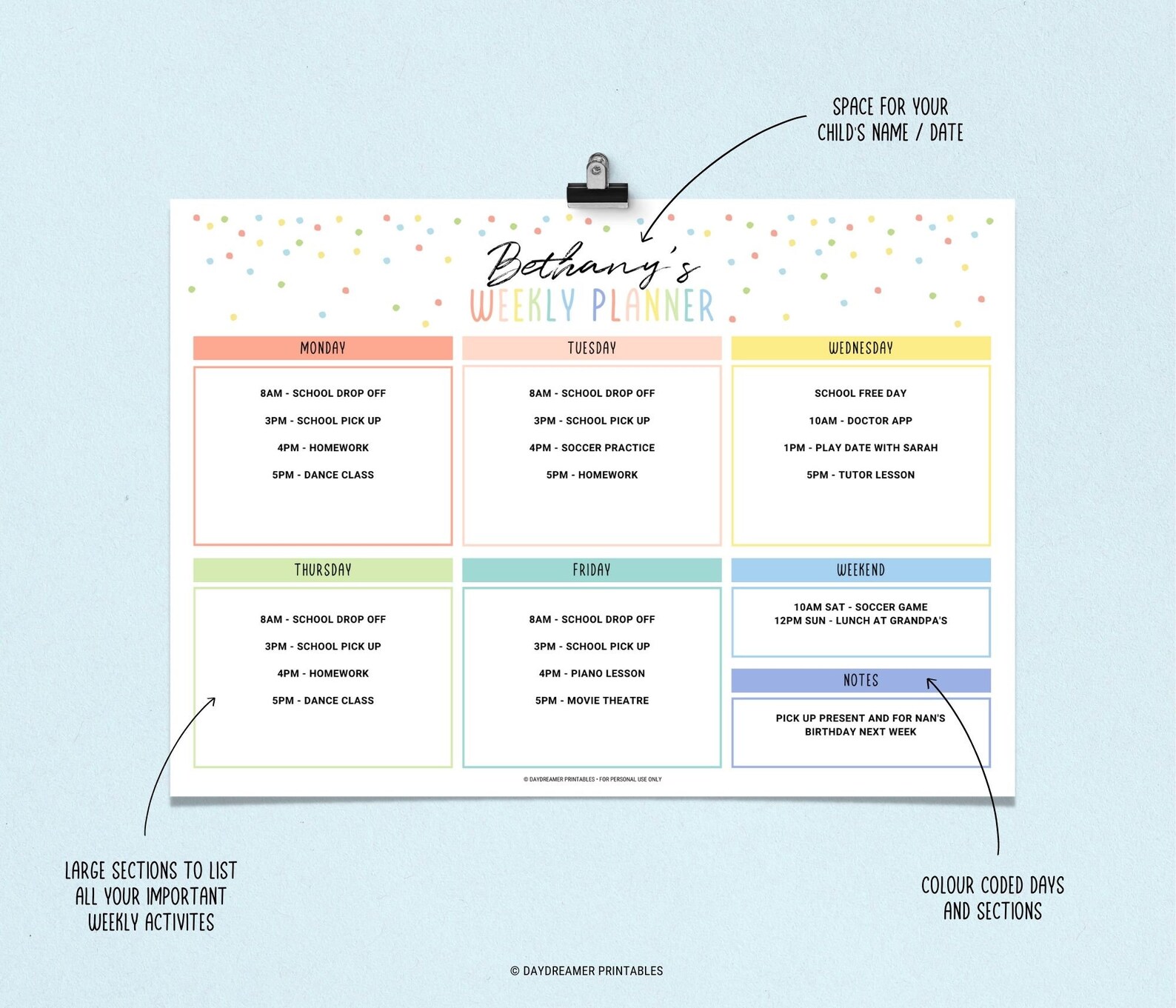 Editable Kids Weekly Calendar Template, Printable Kids Weekly School ...