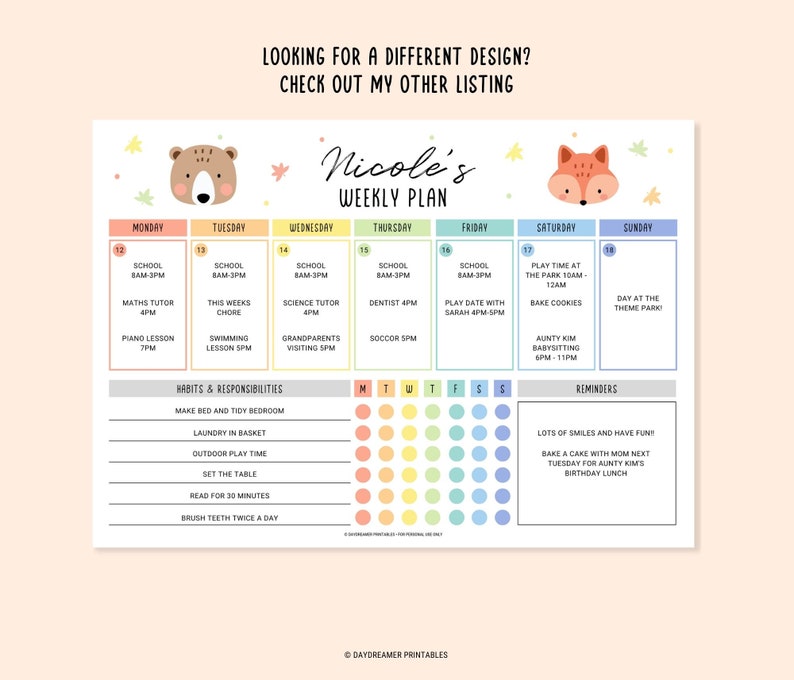Editable Weekly Planner for Kids With Daily Calendar and ...