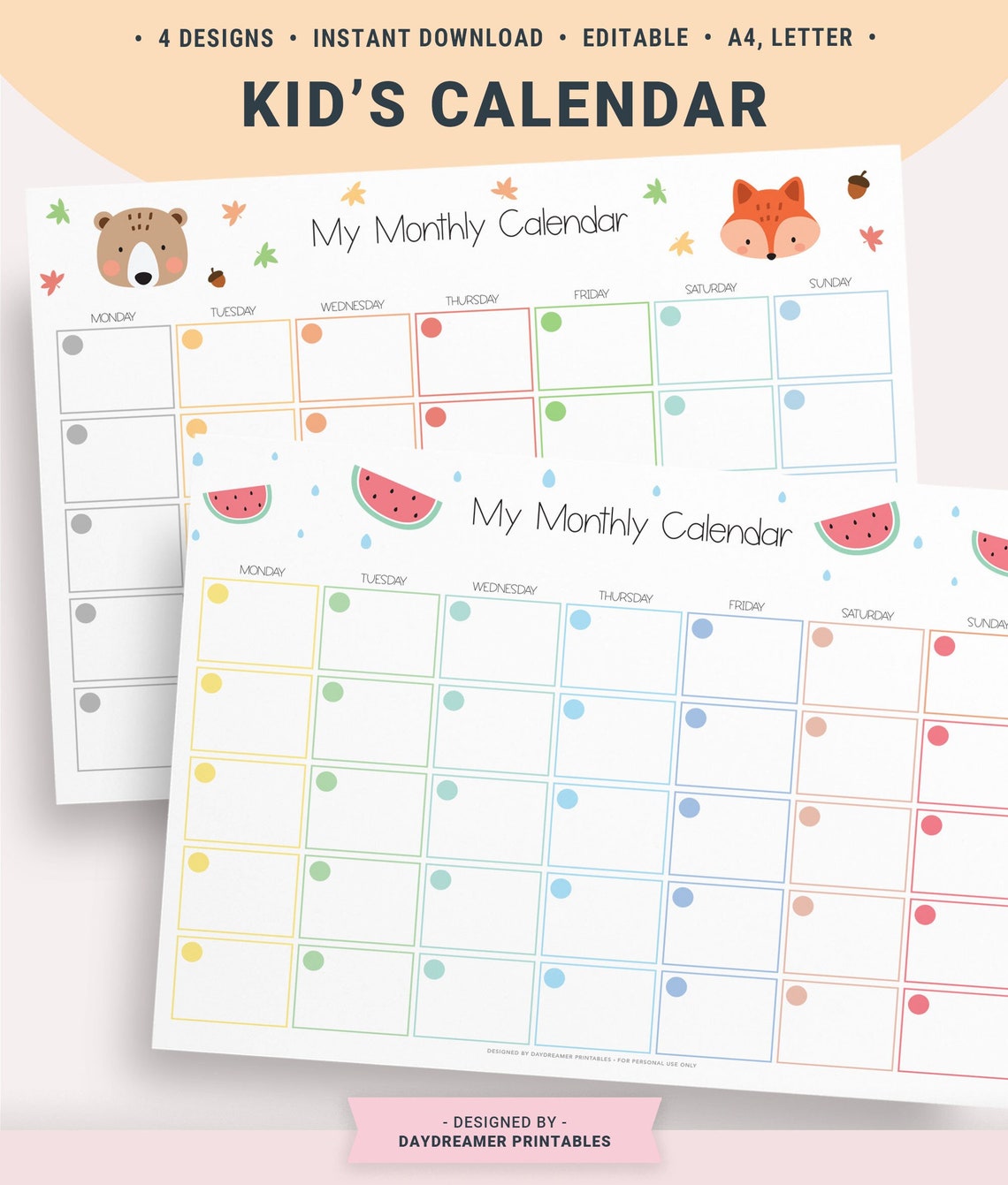 Editable Kids Calendar Printable Toddler Monthly Chart Kids - Etsy