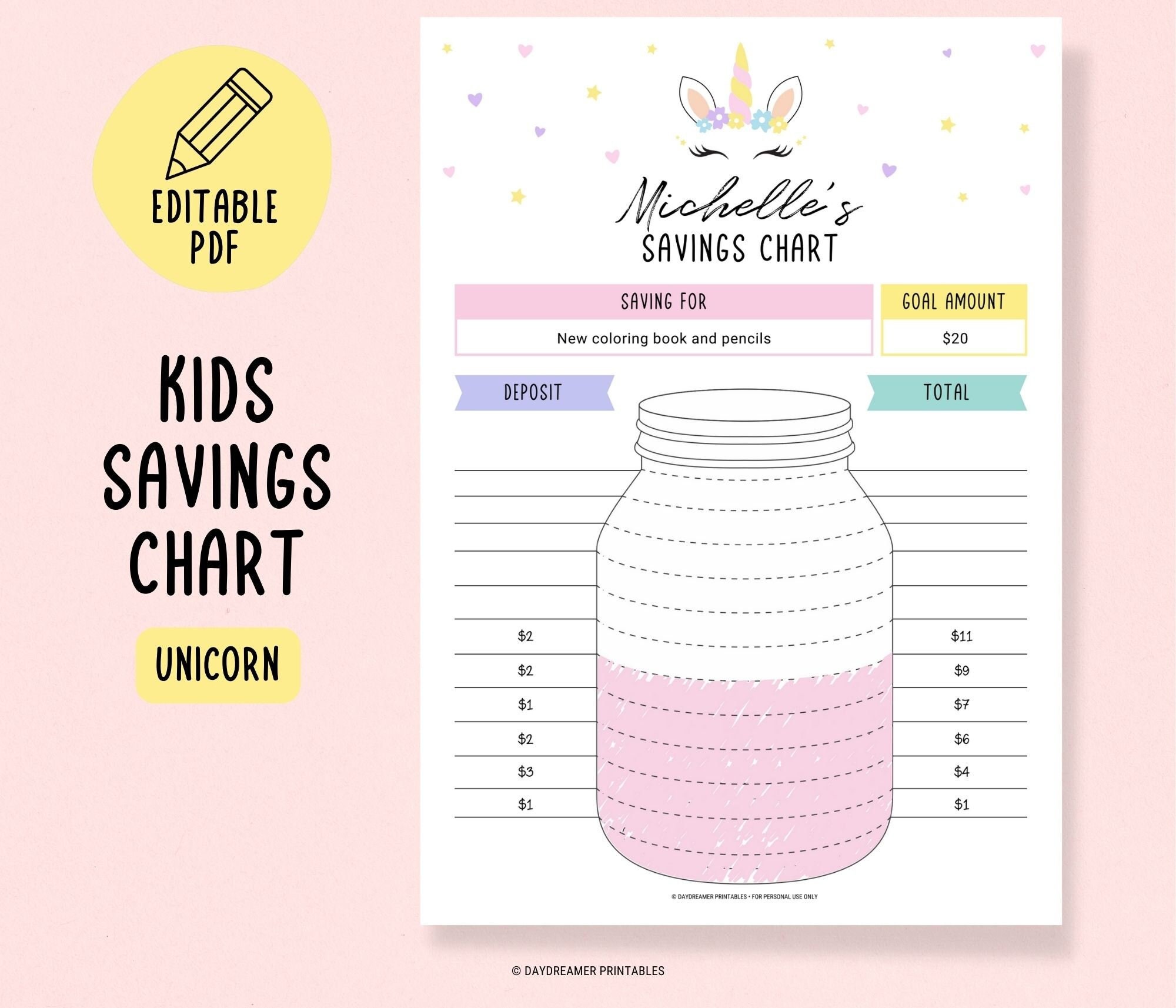 Unicorn Money Saving Chart Printable for Kids 4-12 Magical - Etsy