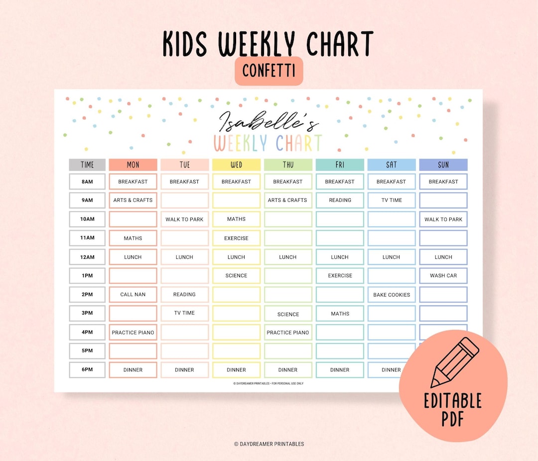Editable Kids Weekly Planner Schedule Chart, Kids Daily Schedule ...