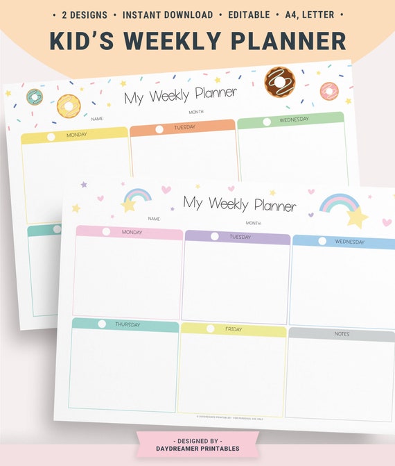 Editable Kids Weekly Calendar Template Printable Kids Weekly - Etsy