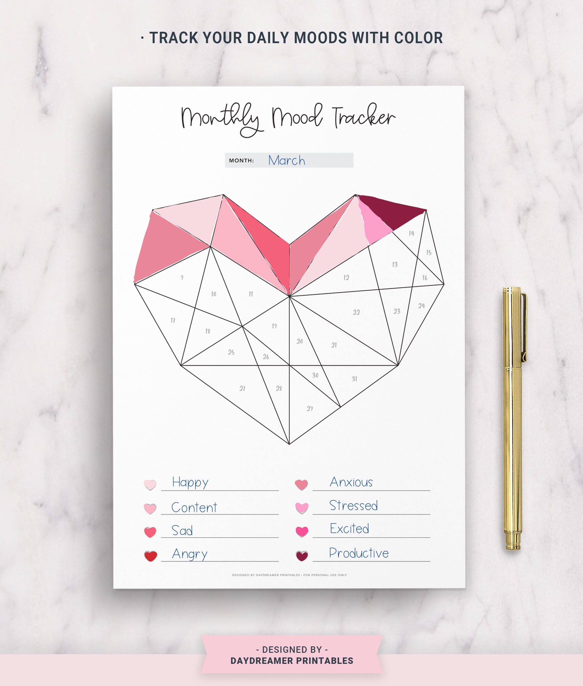 Mood Tracker Printable, Monthly Mood Chart, Mood Planner, Yearly Moods ...