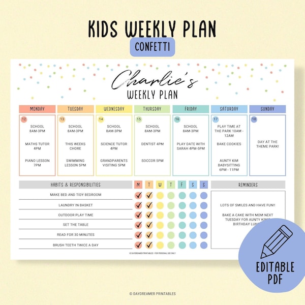 Editable Kids Week Day Planner, Kids Weekly Schedule Chart, Kids Weekly ...