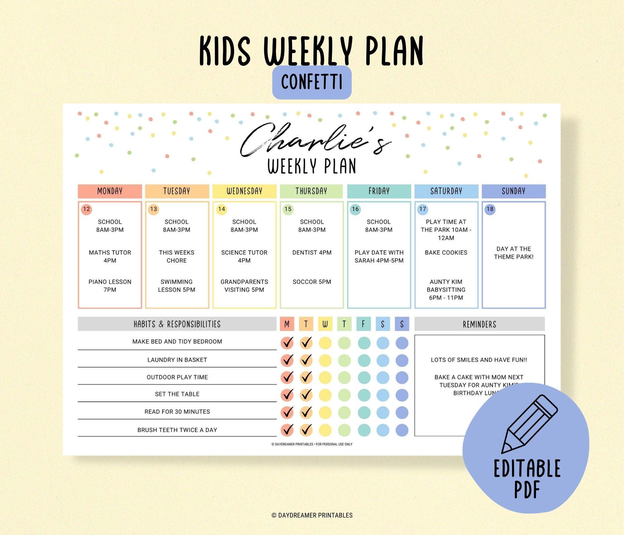 Editable Weekly Planner for Kids With Daily Calendar and ...