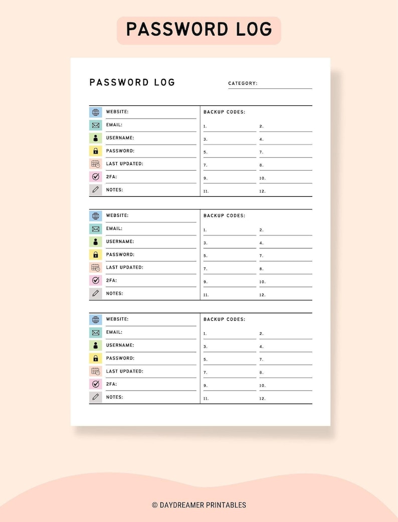 Password Log Printable, Password Tracker With 2FA and Backup Codes ...