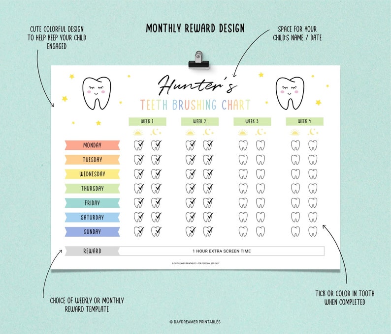 Kids Daily Teeth Brushing Visual Chart With Reward | Editable Monthly ...