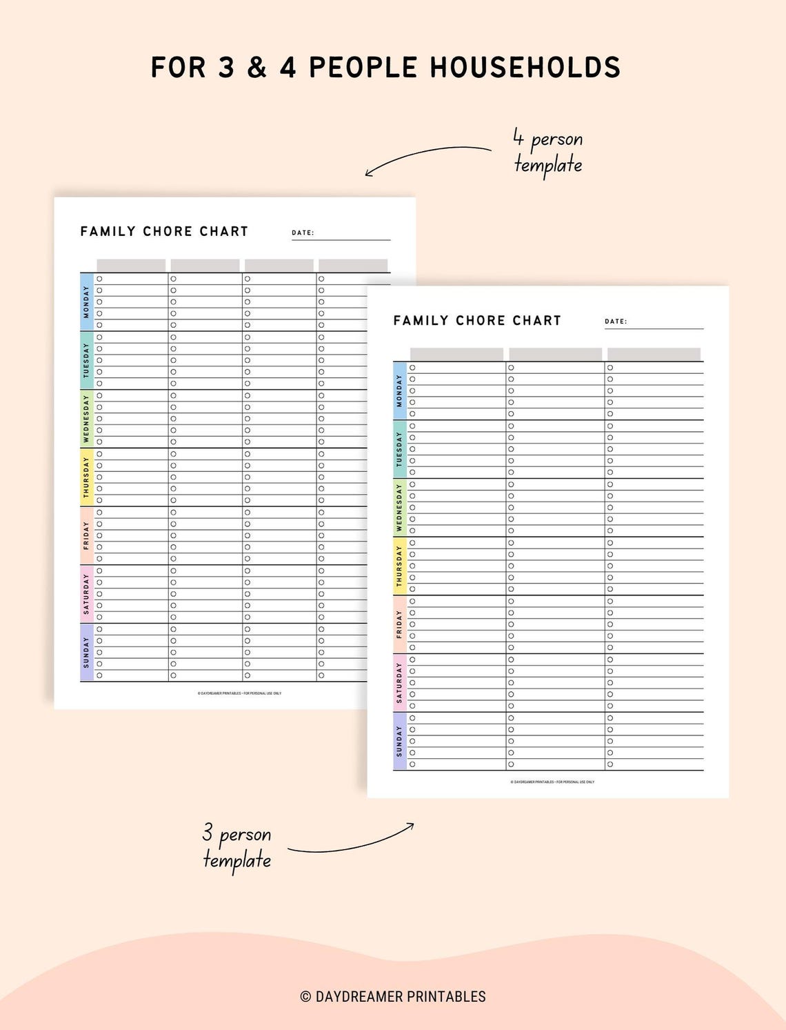 Weekly Family Chore Chart Printable, Daily Household Chores List for 3 ...