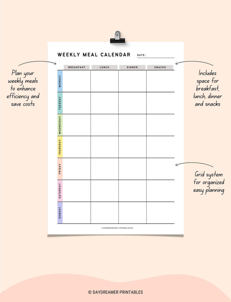Weekly Meal Planner PDF, Printable Grid Meal Calendar for Breakfast ...