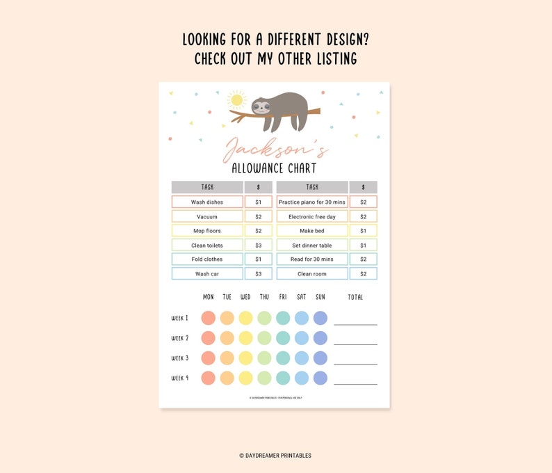 Editable Kids Allowance Chore Chart Tracker, Printable Allowance ...